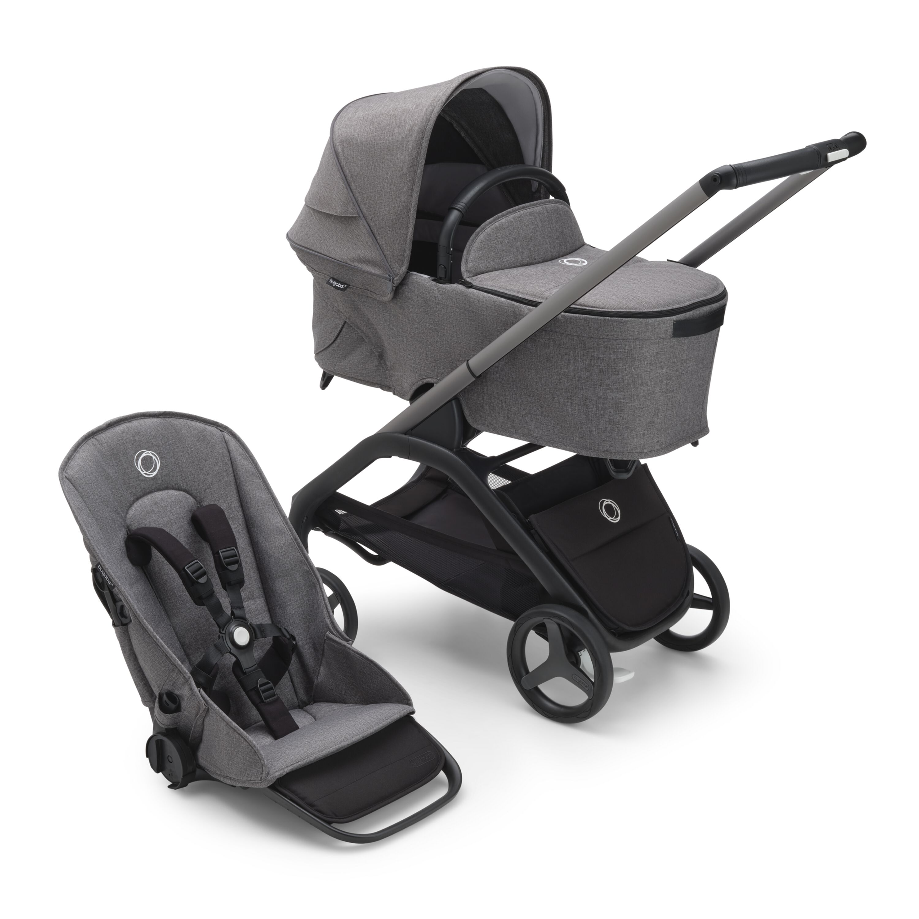 Bugaboo Dragonfly carrycot and seat pushchair Grey mélange sun canopy ...